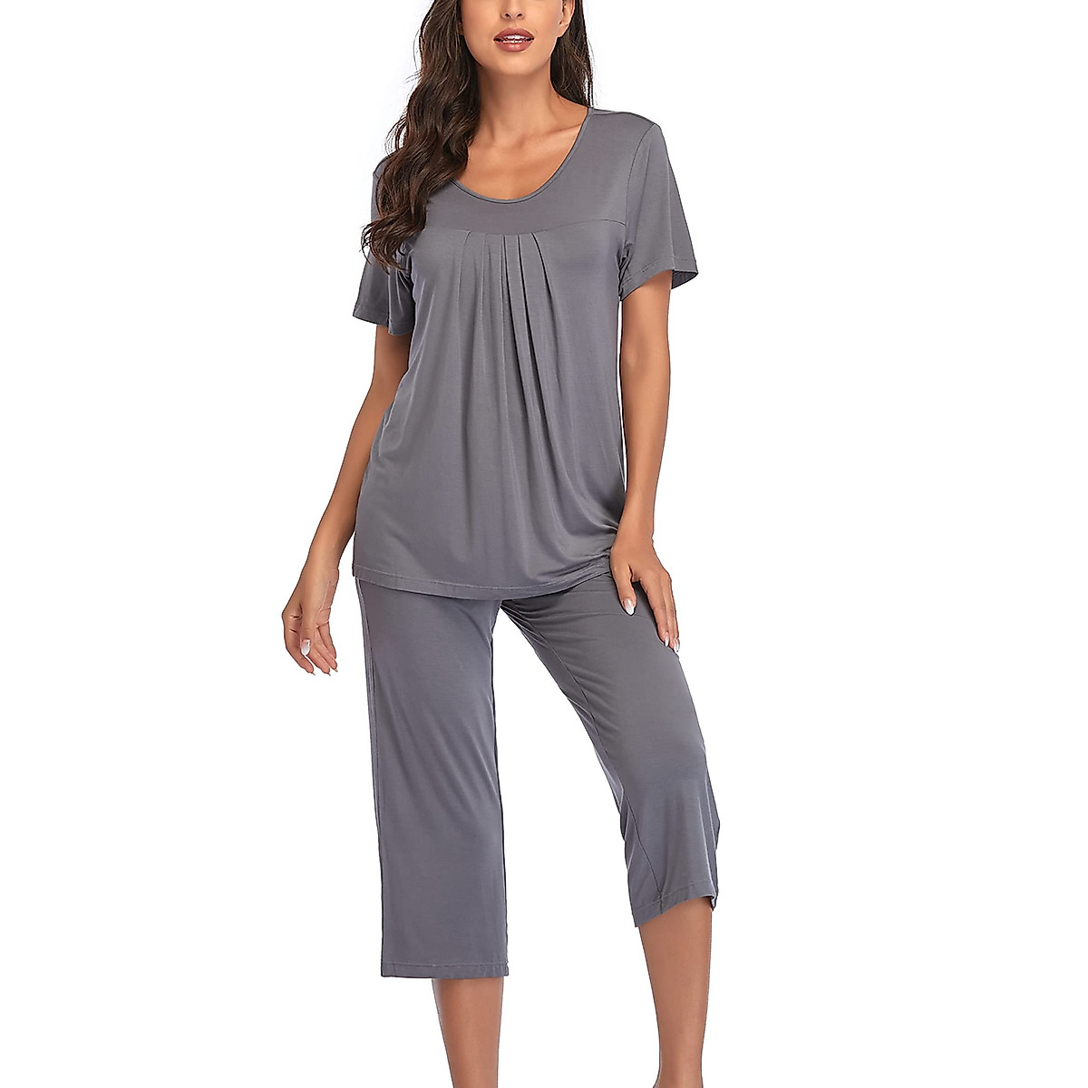 COLORFULLEAF Womens Pajama Sets Summer Pjs Lounge Sets for Women Soft Sleepwear Top and Capri Pants with Pockets (Deep Grey, L)