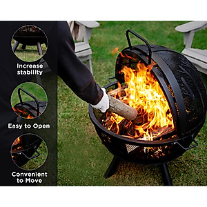 PaPaJet 35 inch Flaming Ball Fire Pit for Outside, Bonfire Wood Burning Fire Pit with Spark Screen, Tree Pattern for Patio Backyard Garden