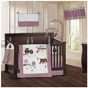 BabyFad Owl Pink 9 Piece Baby Crib Bedding Set