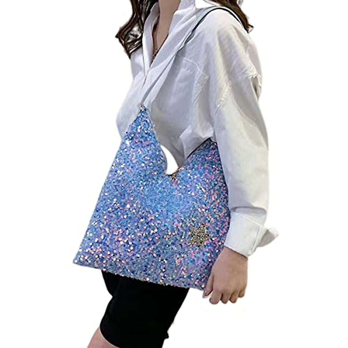 WIGUYUN Womens Mermaid Sequins Shoulder Bag Reversible Sequin Handbag Purse Sparkling Tote Shiny Hobo Bag, Blue