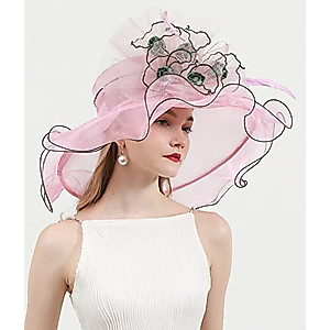 TLMNU Women Derby Church Hat Organza Flower Wedding Tea Party Fascinator Hat Wide Brim Sun Hat A2-Pink with Flower