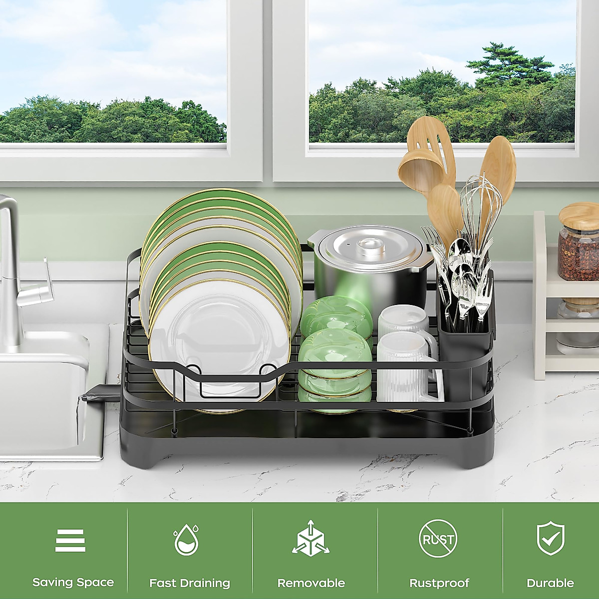 ROTTOGOON Dish Drying Rack, Stainless Steel Rustproof Dish Rack for Kitchen Counter, Sturdy Dish Drainer with Drainboard, Drainage, Utensil Holder for Various Kitchenware, 16.9"(L) x 12.2"(W), Black