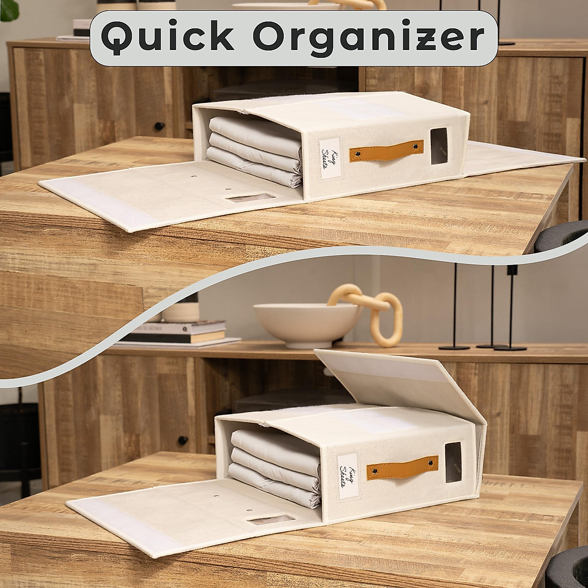 HappyHedz Sheet Organizers and Storage Bags for Bed Sheets, Linen, Blankets, Bedding - Under Bed or Closet Storage Boxes with Dual Handles and Organization Labels - (Beige, 2-pack)