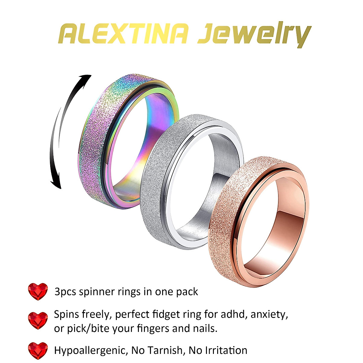 ALEXTINA 3Pcs Spinner Ring Anxiety Ring for Women Fidget Rings - 6mm Sandblast Glitter Finish Stainless Steel Rings for Anxiety Stress Relief, Size 9