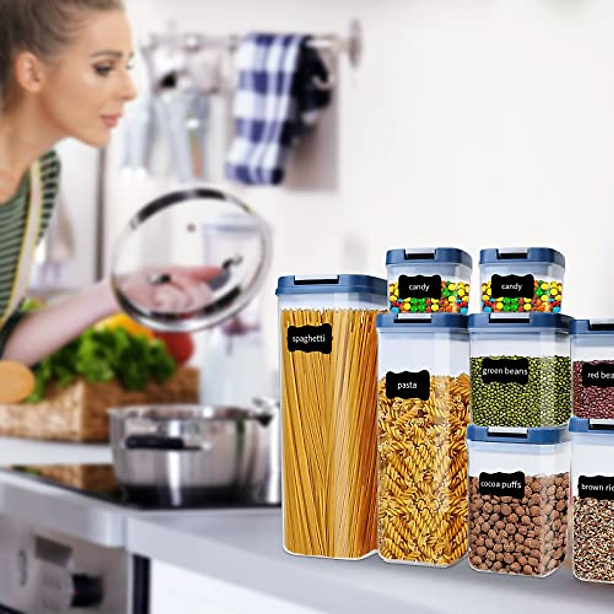 Airtight Food Storage Container Set 8 PC with Labels and Marker,BPA Free Plastic Dry Food Canisters for Kitchen Pantry Organization,Suitable for Flour, Sugar and Cereal