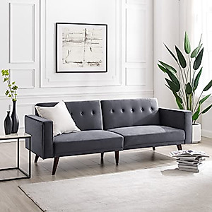 Hbaid 85.43" Velvet Sofa Bed, Grey Couch Convertible Sleeper Sofa with Tapered Wood Legs and Armrest, Modern Loveseat Couches for Living Room, Bedroom