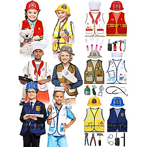 Hungdao 6 Sets Kids Dressing up Costumes, Toddler Dressing up and Pretend for Age 6-10 for Dress up Police,fireman, Doctor,construction Worker, Chef and Explorer