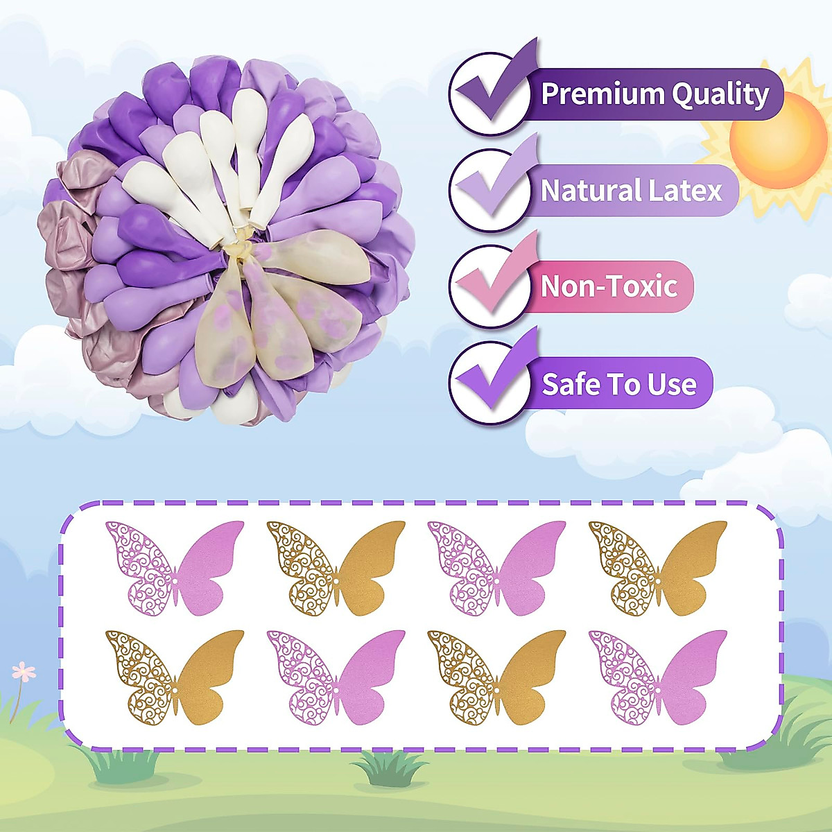 Purple Balloon Garland Kit, 147Pcs Baby Shower Decorations for Girls - Includes Metallic Confetti Purple White Balloons Arch and 12 Butterfly Stickers for Birthday Wedding Decoration