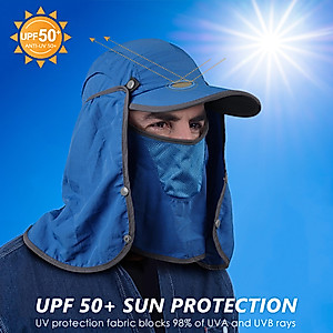 GADIEMKENSD Foldable Fishing Sun Hat with Neck Flap Face Cover UPF 50+ Sun Protection Quick Dry Baseball Cap Adjustment Covering Removable Legion Hat for Fishing Gardening Hiking Farming Blue