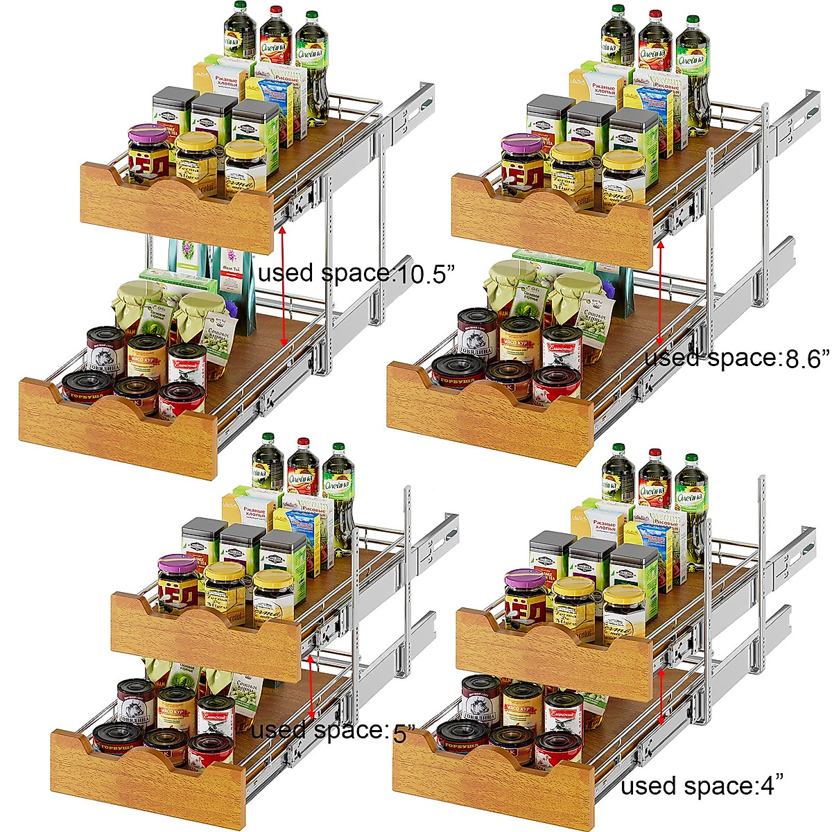 DINDON 2 Tier Pull Out Cabinet Organizer (14" W x 21" D) Slide Out Wood Shelf Double Tier Kitchen Wire Basket with Chrome Finish…