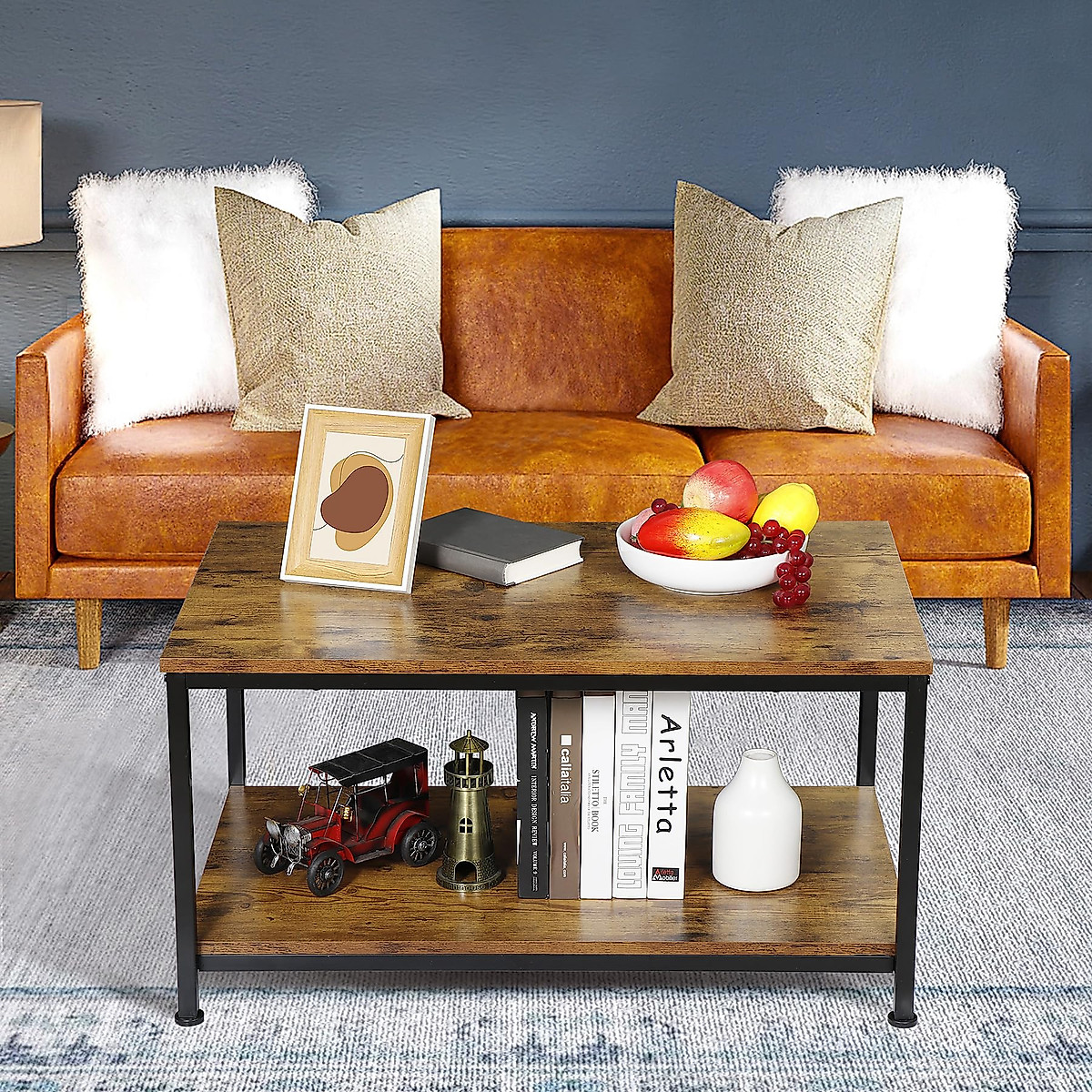 ZenStyle Industrial Coffee Table with Storage Shelf for Living Room, Wood Look Accent Furniture with Vintage Wooden Board Stable Metal Frame Cocktail Table 2-Tier Tea Table (Retro Brown)