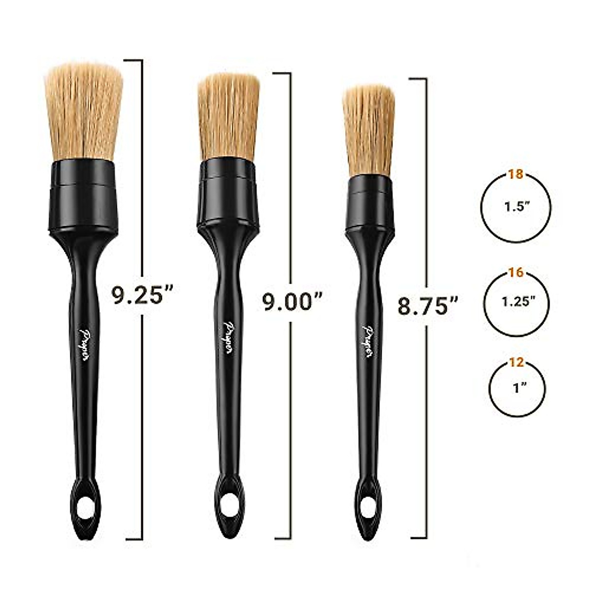 PROPER DETAILING CO. Car Detailing Brush Set, 3 Pack Natural Boars Hair Detailing Brushes, Clean Interior or Exterior, Wheels, Tires, Engine Bay, Leather Seats, Car Detailing Kit, Detailing Brush
