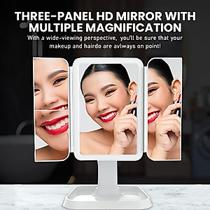 LOVE YOU Studio Makeup Mirror with LED Lights for Makeup Desk - Lighted Makeup Mirror with Magnification - Tri-Fold Personal Light Mirror with Stand