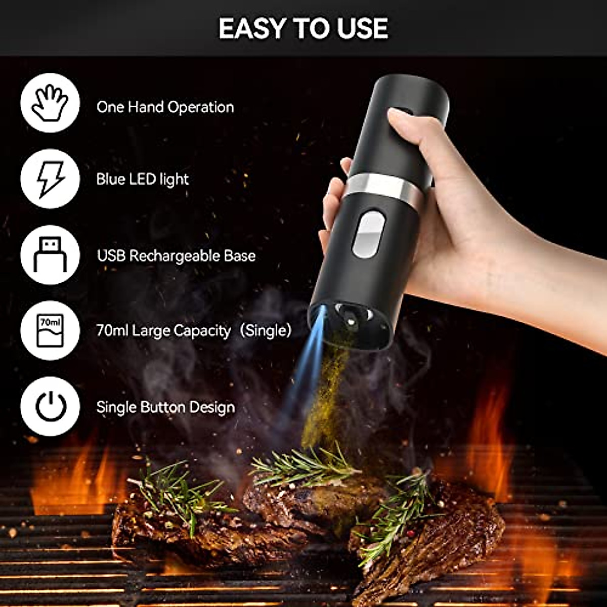 BONNIGHT Electric Salt and Pepper Grinder Set, Automatic Salt & Pepper Mill Refillable with Rechargeable Base, USB Cables, 2 Adjustable Coarseness Mills, One Hand Operation, LED Light