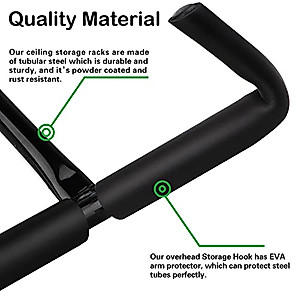 Tahikem 2 Set Overhead Garage Storage Rack, Heavy Duty Overhead Storage Double Hook, Ceiling Hanger Safe Racks, Hanging for Lumber Ladder Storage & Other Bulky Items (Pack of 2 - Black)