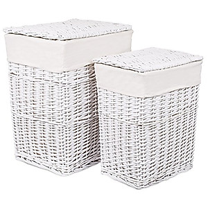 BIRDROCK HOME Woven Willow Baskets with Liner for Storage and Laundry - Set of 5 - Rectangular Hamper Bins with Lids - Decorative Wooden Wicker Basket for Organizing Blankets - Baby Organizer - White