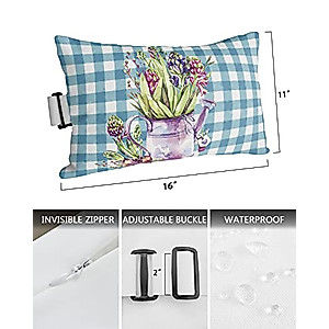 Recliner Head Pillow Ledge Loungers Chair Pillows with Insert Spring Summer Flower Watercolor Blue Buffalo Plaid Lumbar Pillow with Adjustable Strap Patio Garden Cushion for Sofa Bench Couch, 2 PCS