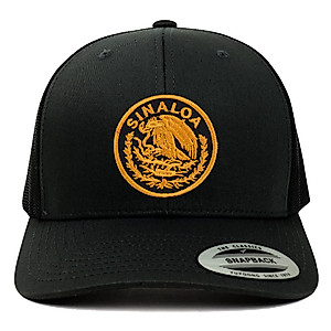 Trendy Apparel Shop Sinaloa Mexico Patch 6 Panel Trucker Mesh Cap - Black - Gold Patch