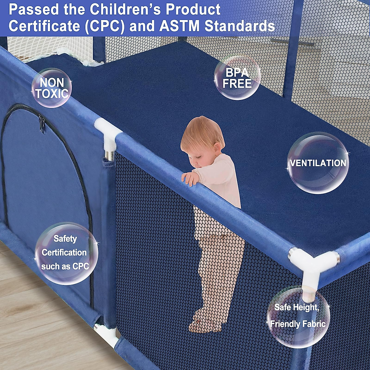 Baby Playpen, Baby Ball Pit with Gate, Safe No Gaps Kids Play Pen Activity Center Play Area w/Breathable Mesh, Non-Slip Suckers, Dark Blue(No Ocean Balls)