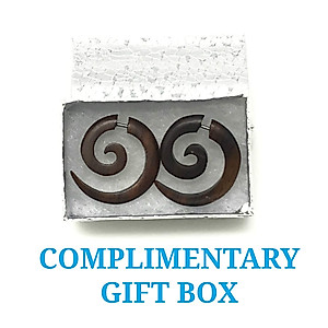 Tribal Organic Wooden Earrings Fake Gauge earrings hippie natural black brown wood earrings faux plugs tapers emo goth punk earrings spiral gothic earrings 316L surgical steel hypoallergenic earring