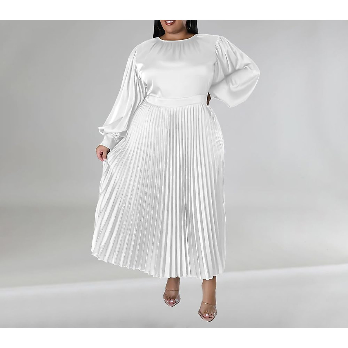 KELYWELL Plus Size Pleated Maxi Dress for Women's 2023 Fall Lantern Long Sleeve Flowy Swing Pleated Maxi Dress Clubwear (White,Large)