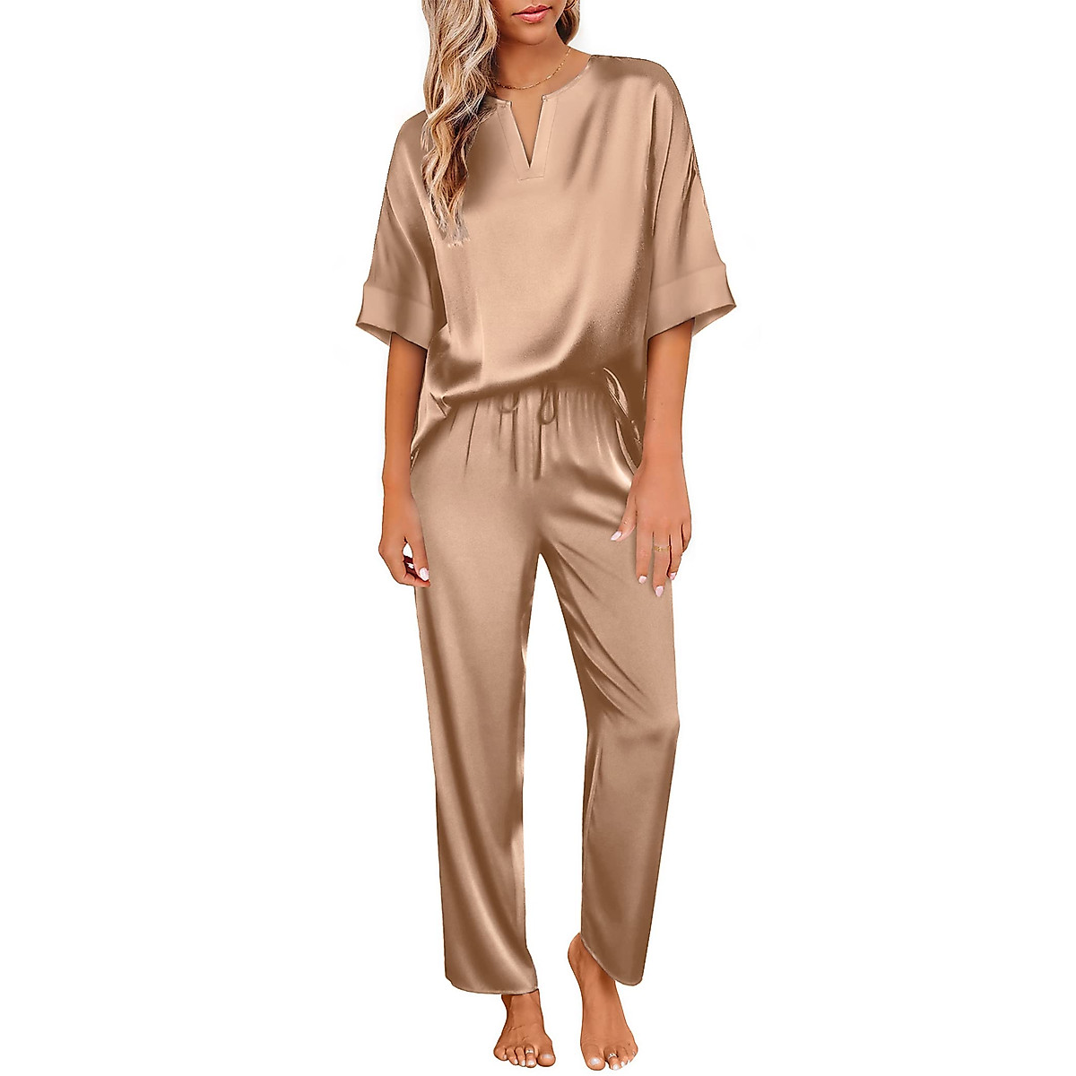 Ekouaer Satin Pajama Set Womens Silk Short Sleeve V Neck Shirt with Long Pant Soft Loungewear Pjs Set Khaki