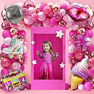 Pink Balloon Garland Arch Kit Hot Pink Rose Gold Metallic Balloons Silver Disco Roller Skate Radio Ice Cream Balloon for Girl's Birthday Party Decorations Pink Princess Doll Theme Party Supplies