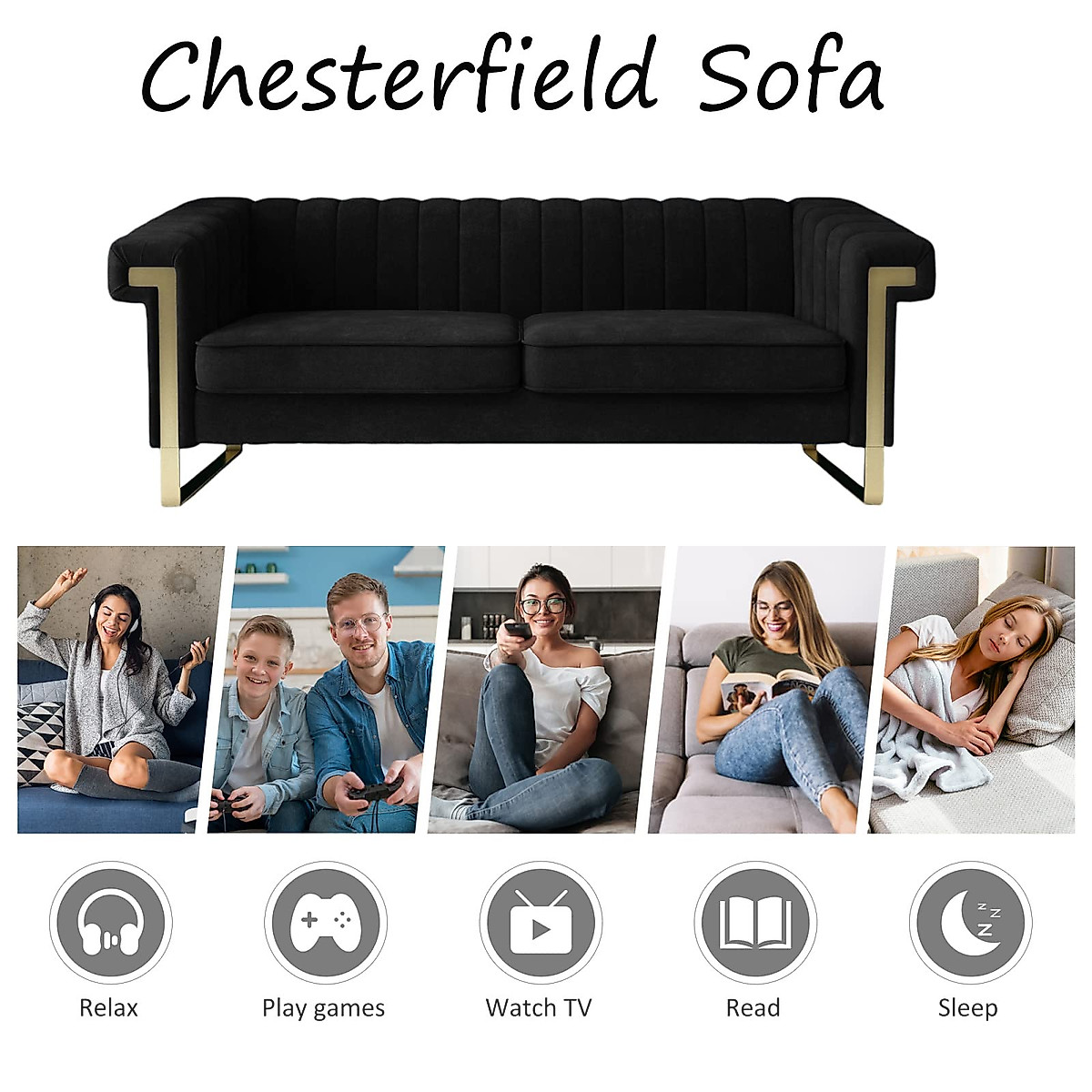 RUNOLIG Chesterfield Sofa, Upholstered Blue Velvet Couch with Flared Arms and Removable Cushions, Comfy Couch with Wood Frame and Gold Legs, Modern Couches for Living Room, Apartment, Office