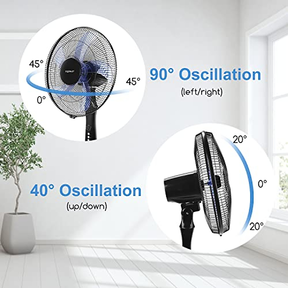 Aigostar 16“ Standing Fan, 5-Blade Oscillating Pedestal Fan with Remote Control, 3 Speed Settings, 3 Wind Modes, 7.5H Timer, Adjustable Height Cooling Fan for Bedroom, Home, Office, Black