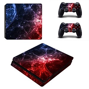 FOTTCZ Full Body Red and Blue Cosmic Nebular Protective Vinyl Skin Decal for PS4 Slim Console and 2PCS Controller Skins Stickers