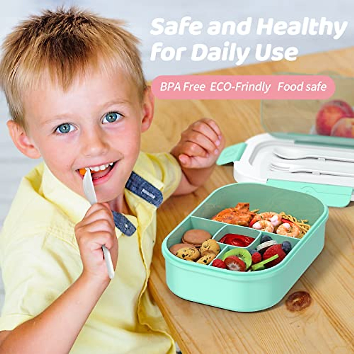 RGNEIN Bento Box Adult Lunch Box, 1300 ML 4-Compartment Bento Lunch Box for Kids, No BPA, Lunch Containers for Adults Come with Fork and Spoon, Leak Proof, Microwaveable, Dishwasherable (Green)