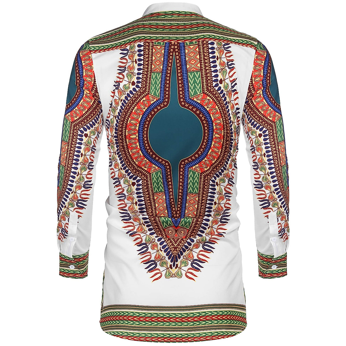 COOFANDY Men's African Dashiki Print Shirt Long Sleeve Button Down Shirt Bright Color Tribal Top Shirt White