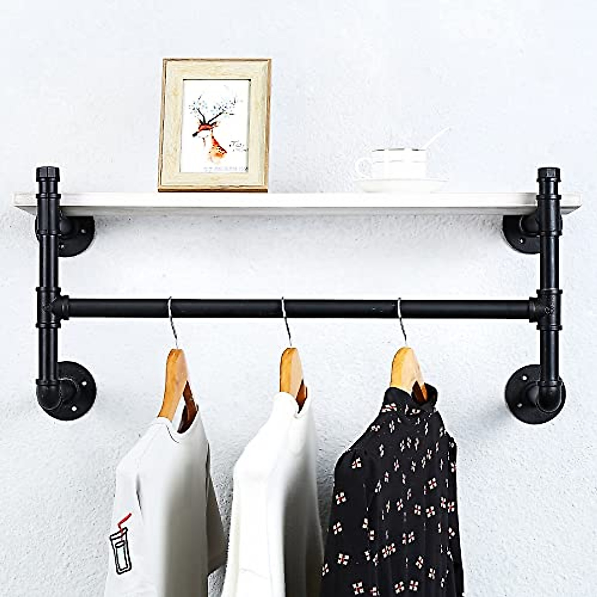JIANZHUO Industrial Pipe Clothing Rack Wall Mounted with Wood Shelf,Rustic Retail Garment Rack Display Rack Cloths Rack,Pipe Shelving Floating Shelves
