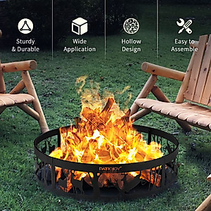 DORTALA 36’’ Metal Fire Pit Ring, Thick Metal Deer Fire Ring with Extra Poker,Wood Burning Campfire Ring with Pattern, Heavy Duty Round Bonfire Liner for Camping Beach Backyard