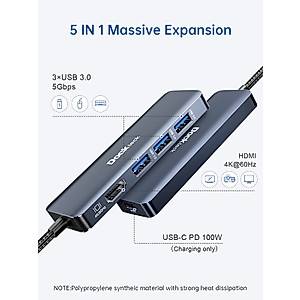 USB C Hub HDMI 4K 60Hz, USB C Adapter Multiport with 100W PD, HDMI,3 USB 3.0 Data Ports, Dockteck 5 in 1 USB C Dongle Dock for MacBook Pro/Air, iPad Pro/Air/Mini 6, Surface Pro 7/8/9 and More