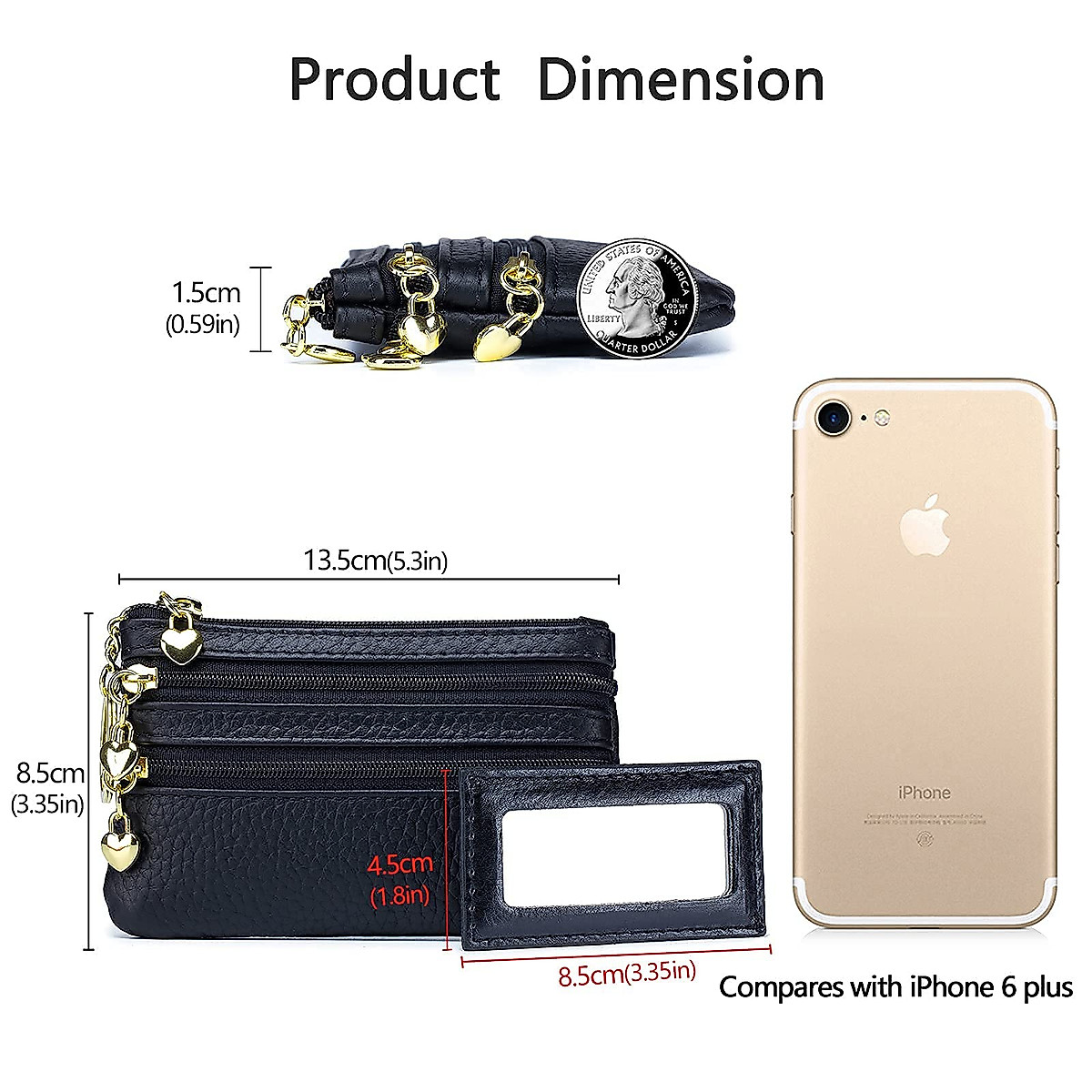 imeetu Genuine Leather Coin Purse Keychain for Women, Small Change Purse for Coins, Coin Pouch Wallet with 4 Zippered Pockets, a Mini Mirror (Barbie Red)