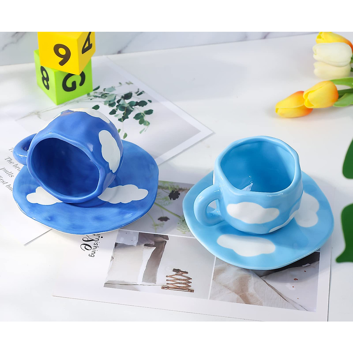 Noviko Cloud Cup with Saucer Blue Coffee Mug Latte Cup Cute Teacup and Saucer, Dishwasher and Microwave Safe, 10 oz