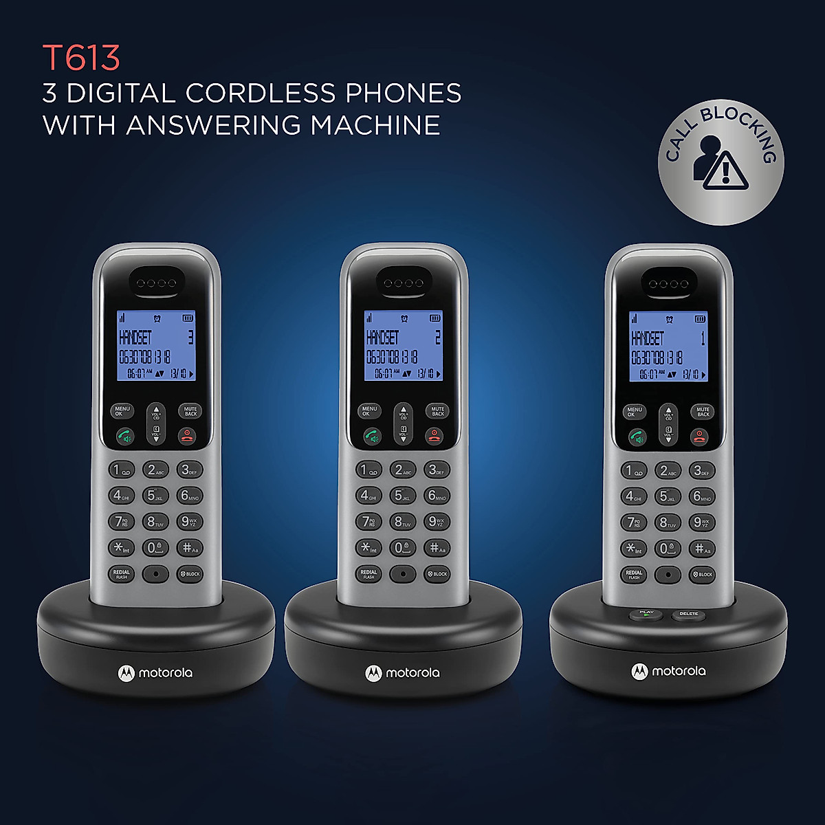 Motorola Voice Cordless Phone System w/ 3 Digital Handsets + Answering Machine, Remote Access, Call Block - Dark Grey (T613)