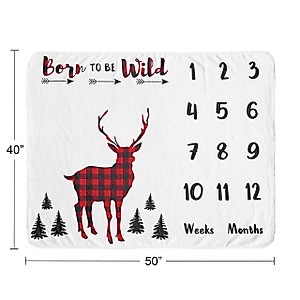 Sweet Jojo Designs Woodland Buffalo Plaid Boy Milestone Blanket Monthly Newborn First Year Growth Mat Baby Shower Memory Keepsake Gift Picture - Red Black Rustic Country Deer Lumberjack Arrow Forest