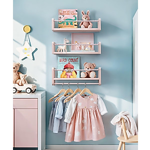 Maxpeuvon Nursery Book Shelves, Set of 3 Kids Bookshelves Natural Wood Wall Mount Organizer with Towel Bar Hanging Nursery Decor for Kids Room, Playroom, Bedroom and Kitchen, Pink