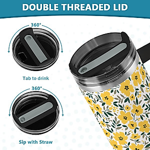 Yasala Car Tumbler with Handle Spring Yellow Flower Cute Travel Mug Coffee Cup Insulated Beverage Container Mega Cup for Hot Cold Drinking Thermos Water Bottle Cupholder Friendly 40 oz