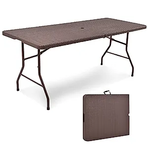 GYMAX 6FT Folding Table, Portable Lightweight Camping Table with Carry Handle, Easy Fold Up Rectangle Indoor/Outdoor Collapsible Table for Camp, Picnic, BBQ, Patio (Rattan Tabletop with Umbrella Hole)