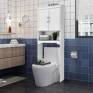 Giantex Over The Toilet Bathroom Space Saver Free Standing Toilet Rack with Adjustable Inner Shelf, Open Shelf and Double Doors 3-Shelf Bathroom Organizer, White