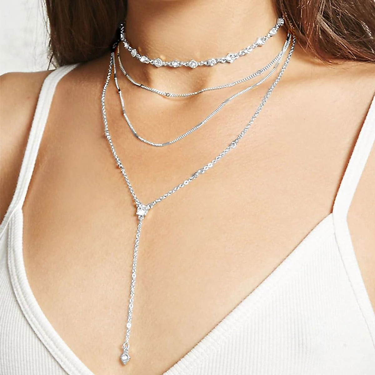 Zehope Layered Y Necklace Silver Rhinestone Necklaces Sparkly Long Elegant Necklace for Women