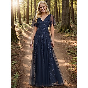 Ever-Pretty Women's Sequin Sparkly V-Neck Short Sleeve Maxi Evening Dress Prom Gowns Navy Blue US10