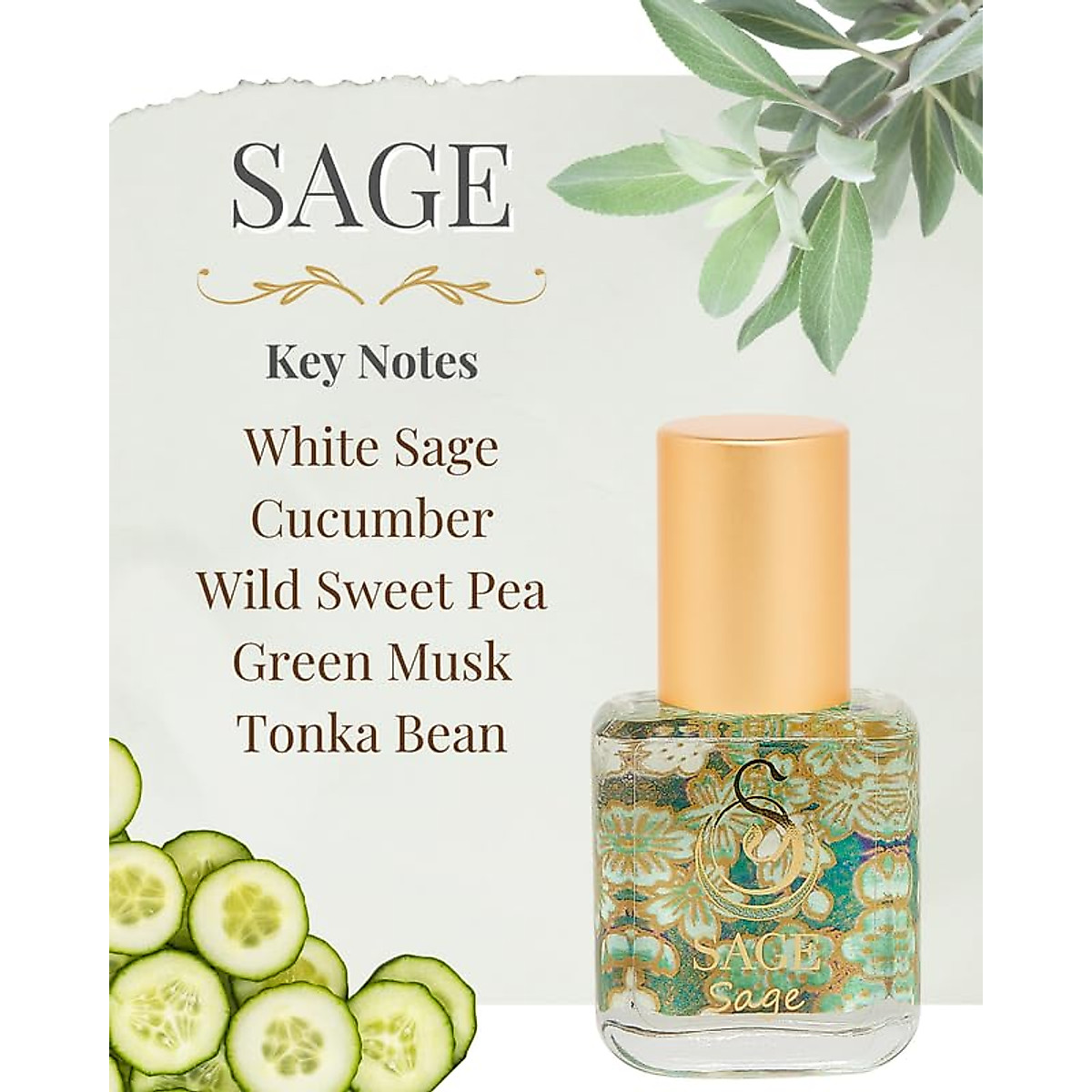 Sage Organic Perfume Oil Extract Roll-On by Sage- 1/4 oz, Vegan & Cruelty-Free, Fresh Scent, Cucumber, White Sage, Sweet Pea