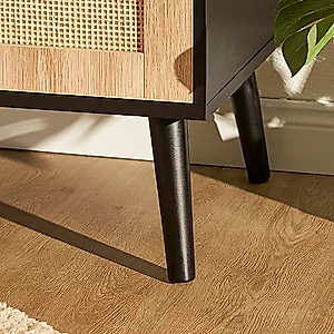 Iwell Boho Sideboard Buffet Cabinet, Kitchen Storage Cabinet with Natural Rattan Door & 2 Adjustable Shelves, Rattan Cabinet, Accent Cabinet for Living Room, Kitchen, Entryway, Black