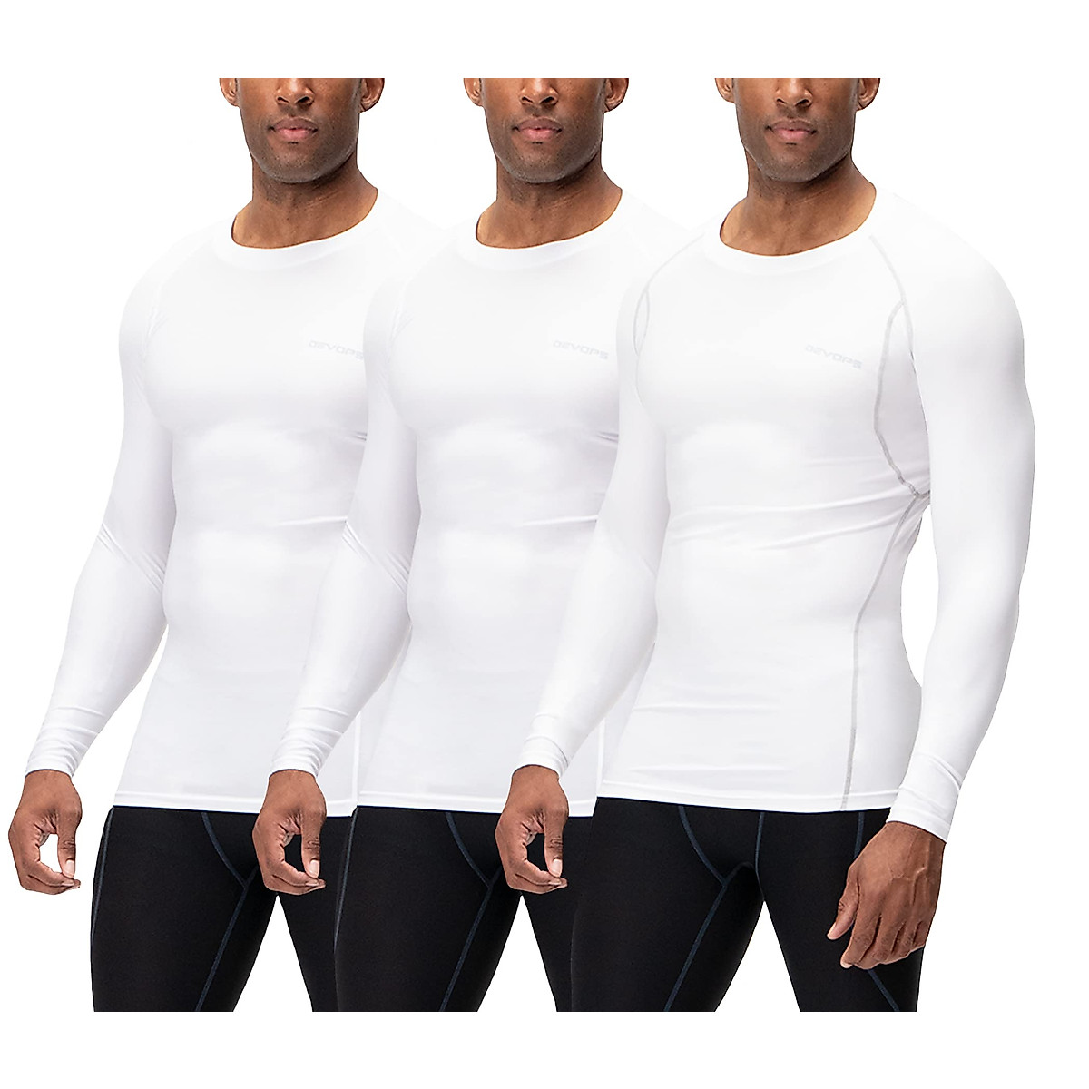 DEVOPS 3 Pack Men's UPF 50+ Long Sleeve Compression Shirts, Water Sports Rash Guard Base Layer, Athletic Workout Shirt (Medium, White/White/White)