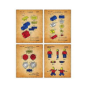 Vintage Lego Patent Print, Aesthetic Wall Posters and Unique Art Prints Picture for Bathroom, Home, Man Cave, Dorm, Office & Bar Wall Decor Poster | Set of 4 Unframed Posters 8x10"