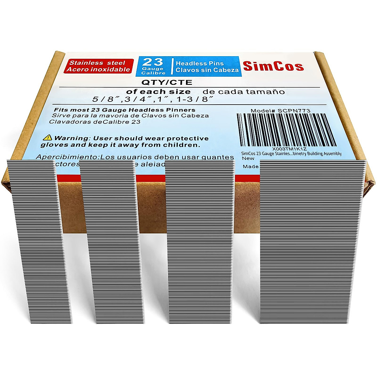 SimCos 23 Gauge Stainless Steel Pinner Nails (5/8",3/4",1",1-3/8") assorted 4 sizes' Headless Pin Nails for 23 GA Pneumatic or Electric Pin nailer or pin nail gun,Project Pack (4000)